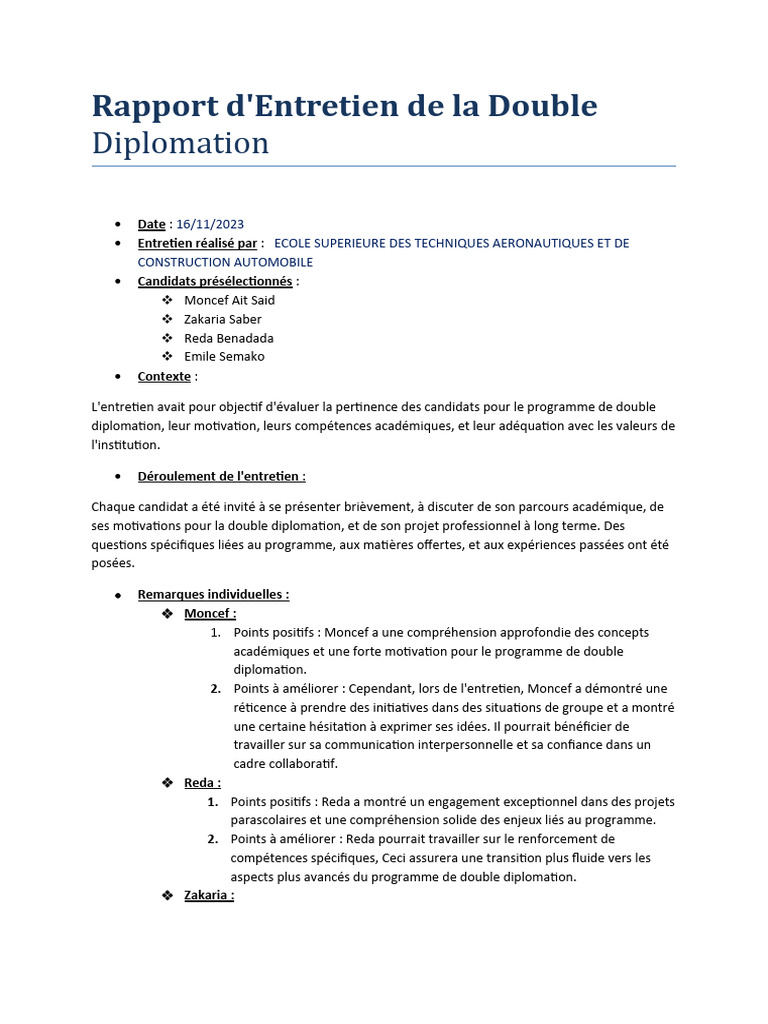 Rapport d'Entretien Double Diplomation 2023 | PDF | Expérience | Motivation