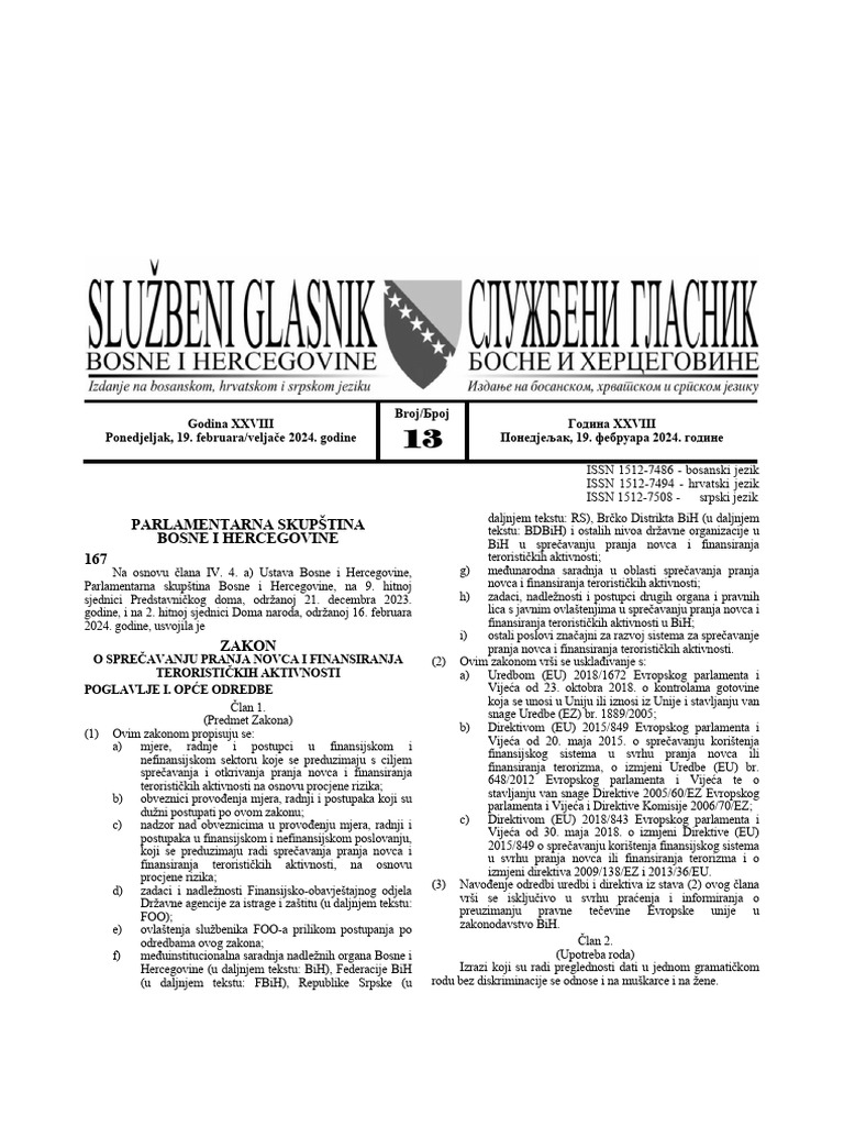 Službeni Glasnik BiH (Godina 28, Broj 13 19.2.2024) | PDF
