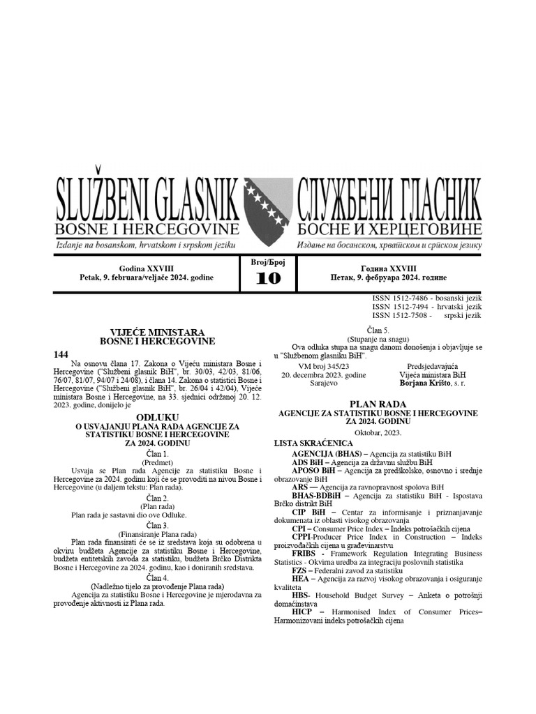 Službeni Glasnik BiH (Godina 28, Broj 10 9.2.2024) | PDF