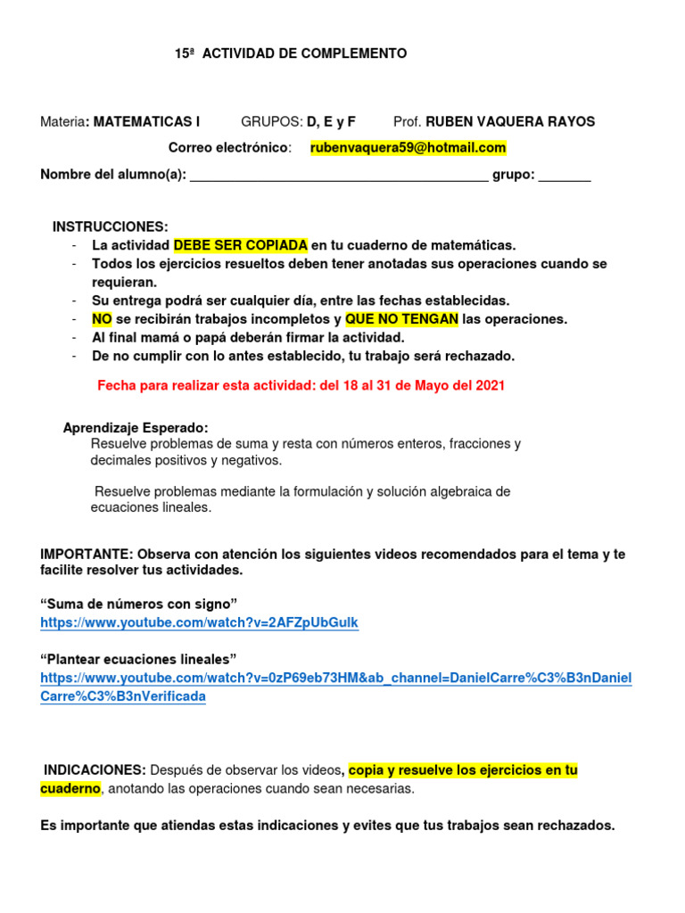 15a ACTIVIDAD DE COMPLEMENTO | PDF | Ecuaciones | Matemática Elemental
