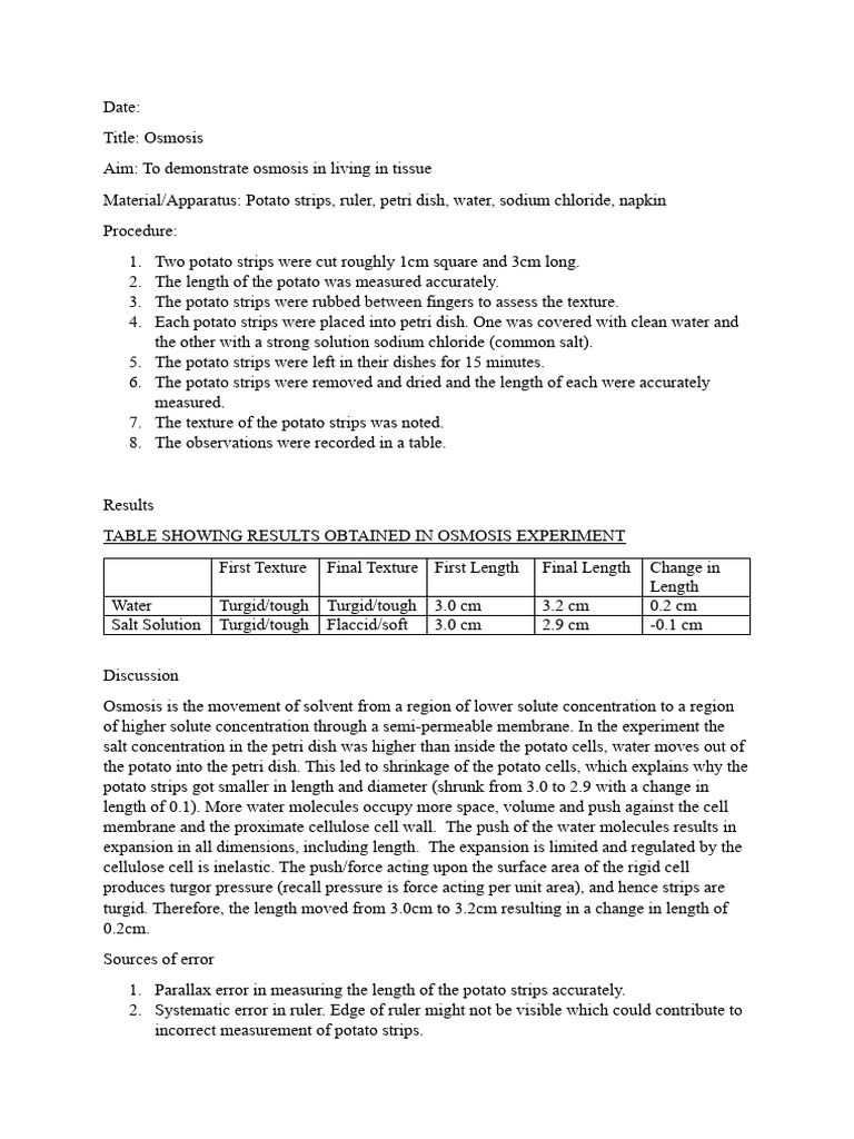 Osmosis Experiment | PDF | Osmosis | Chemistry
