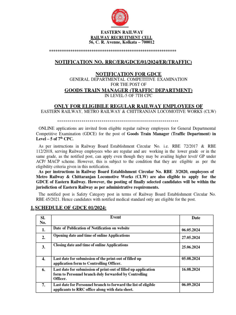 Eastern Railway Goods Train Manager Recruitment 2024 | PDF