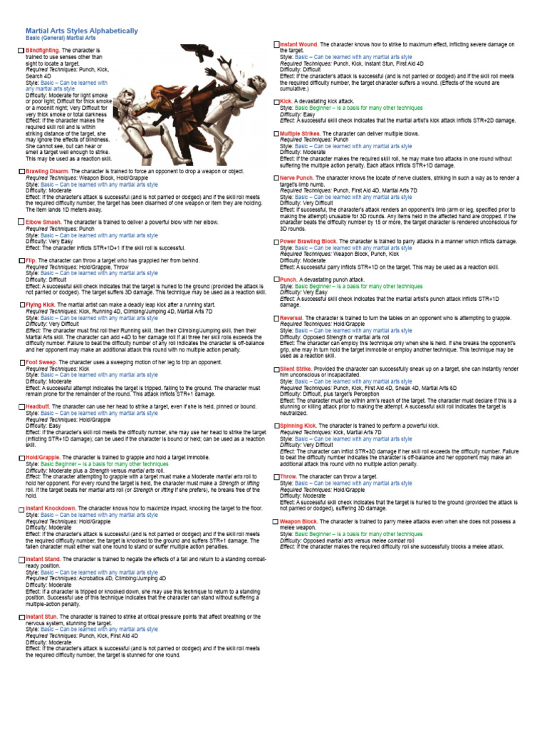 Star Wars Martial Arts Basic Style Check Sheet | PDF | Grappling
