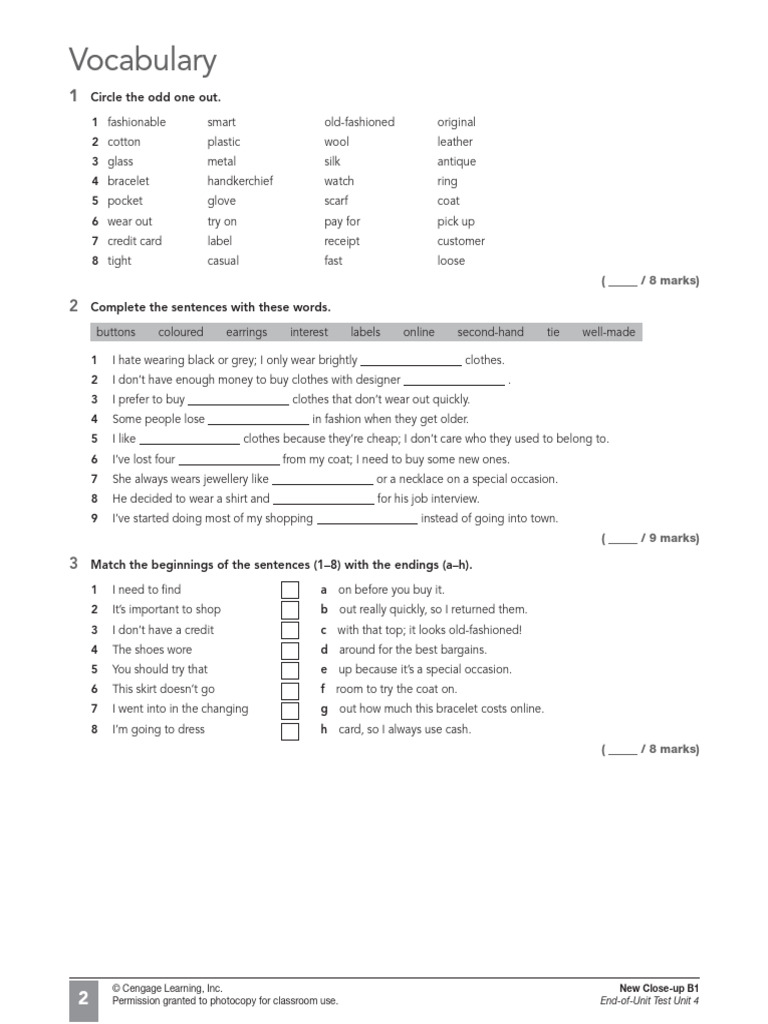 Review unit 4 exs - Νew Close Up B1 | PDF | Clothing | Fashion