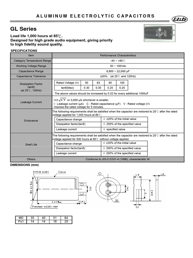Elite (Snap-In) GL Series | PDF | Capacitor | Capacitance