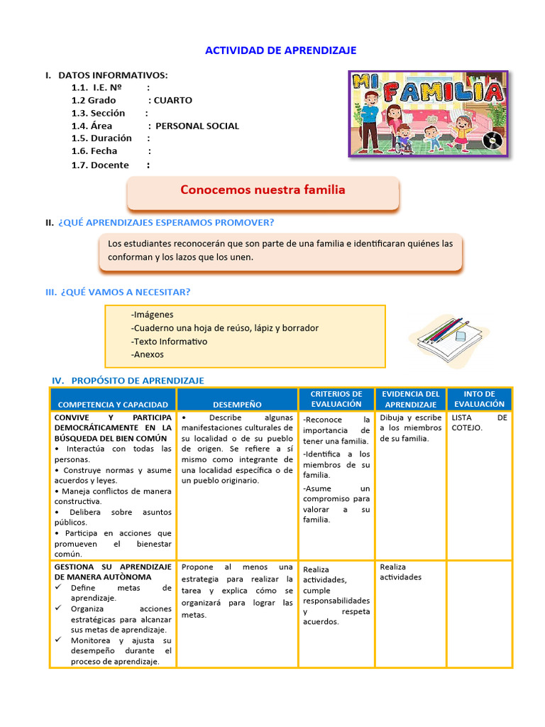 D1 A2 SESION PS. Conocemos Nuestra Familia | PDF | Evaluación