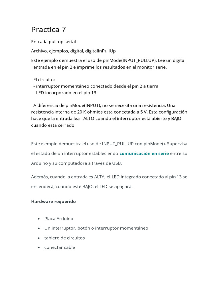Arduino Practica 7 DigitalInPullUp | PDF | Arduino | Cambiar