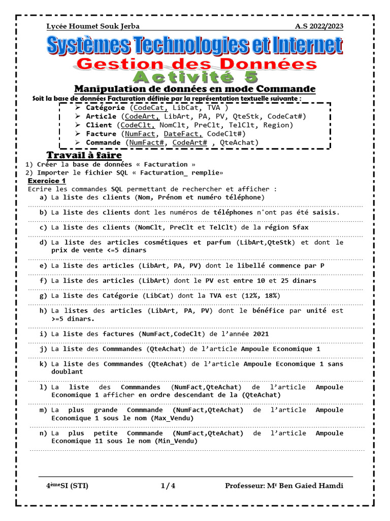 Activité 5 (2023) Base de Données (Recherche Facturation) | PDF