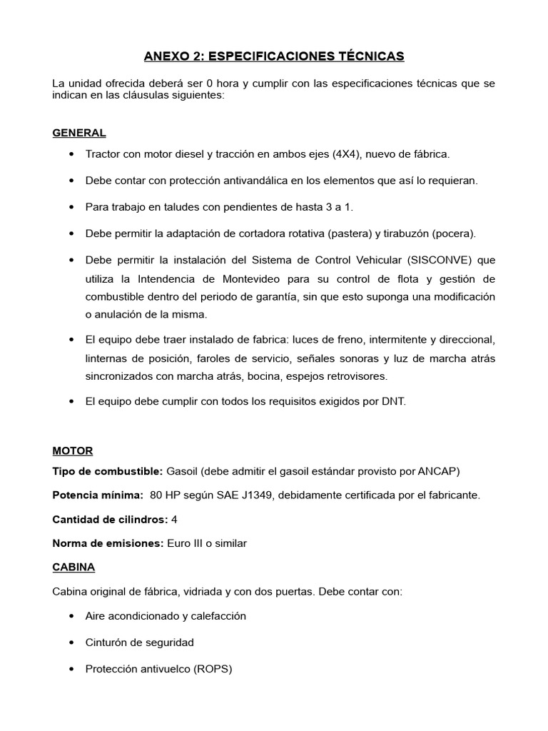 Anexo 2 ESPECIFICACIONES TECNICAS | PDF | Combustible diesel | Tractor