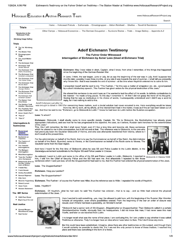Adolf Eichmann Testimony - The Fuhrer Order Witnessed | PDF