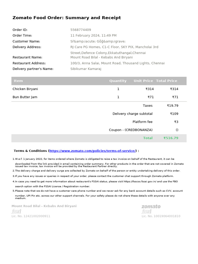 zomato Bill | PDF | Business