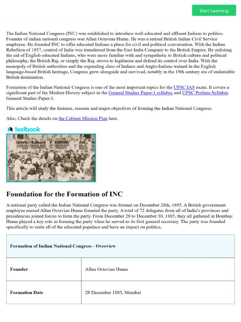 Formation of Indian National Congress - Objectives & Features | PDF