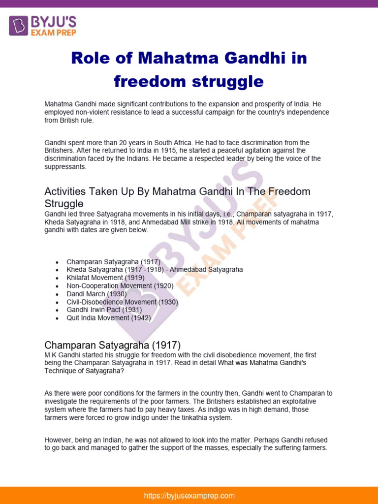 Gandhi's Key Role in India's Freedom | PDF | Mahatma Gandhi | Nonviolence