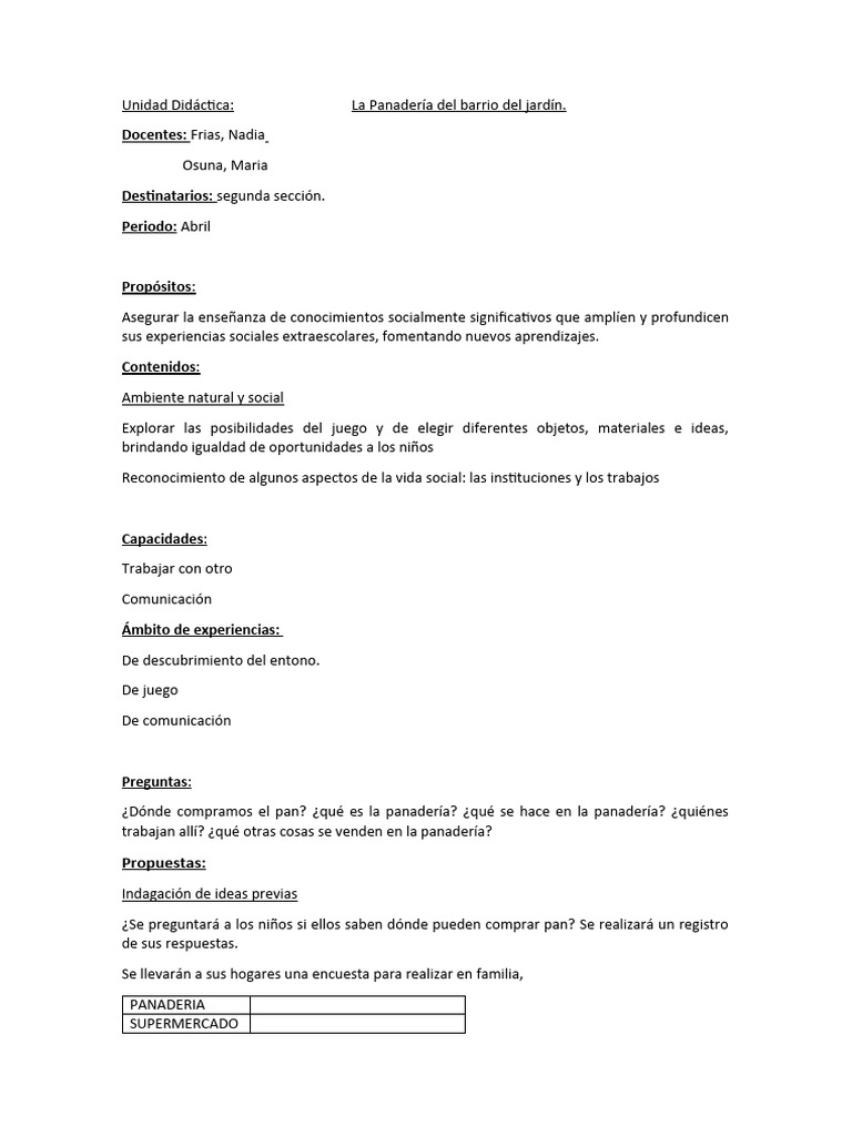 Unidad Didáctica La Panaderia | PDF | Enseñando | Panes