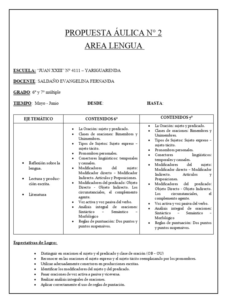 Propuesta 2 LENGUA | PDF | Asunto (gramática) | Objeto (gramática)