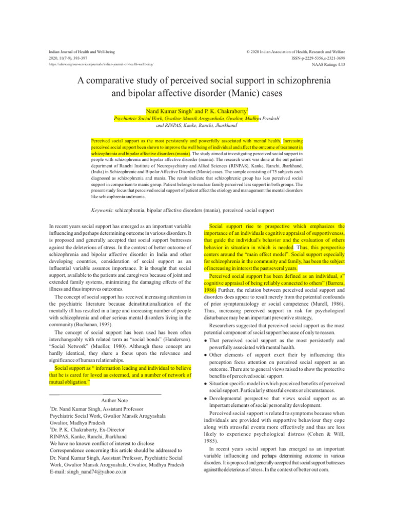A Comparative Study of Perceived Social Support in Schizophrenia and Bipolar Affective Disorder ...