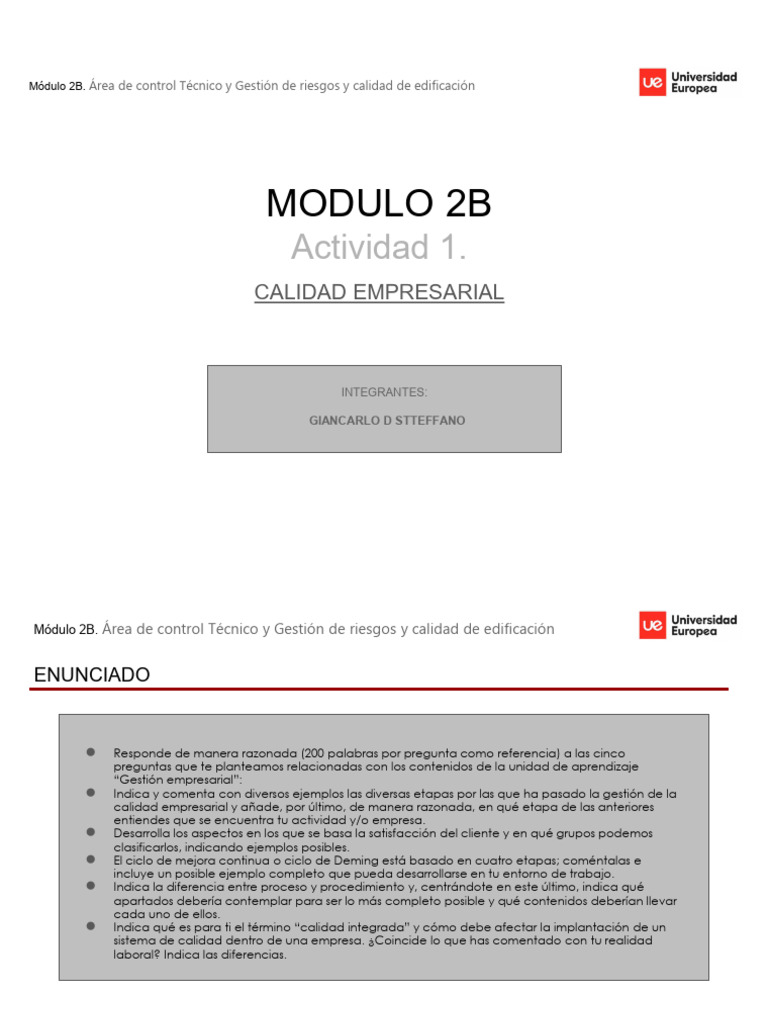Modulo 2B - Tarea 1 Calidad Empresarial - Giancarlo D Stteffano | PDF ...