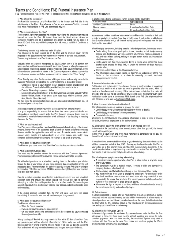 FNB Funeral Insurance Plan Terms and Conditions | PDF | Insurance ...
