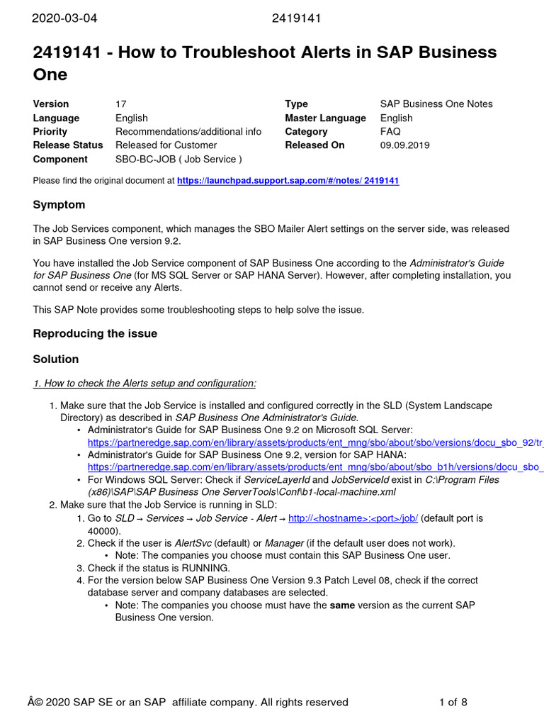 How To Troubleshoot Alerts In Sap Business One Pdf Microsoft Sql