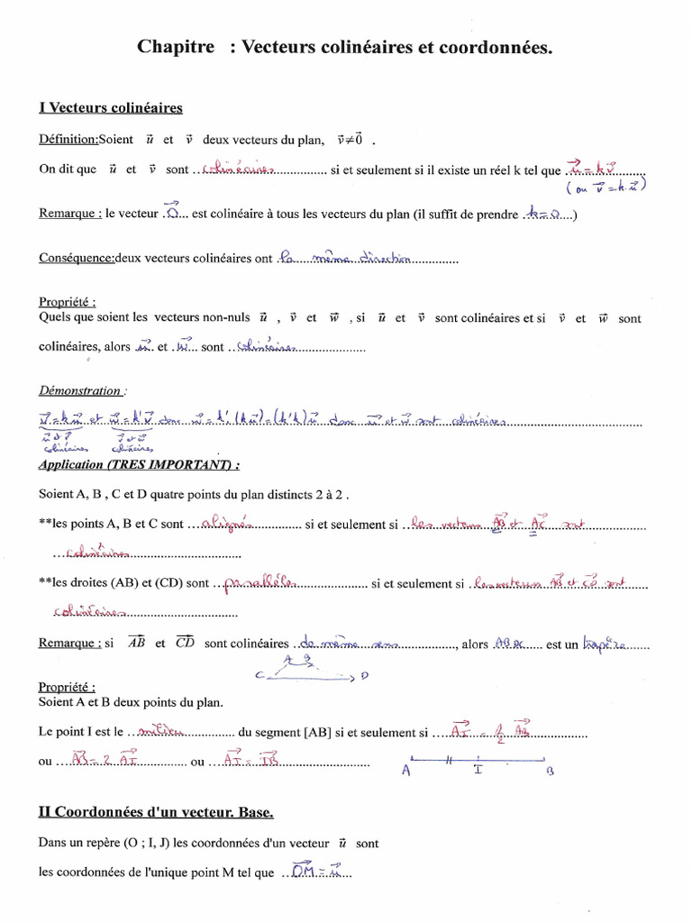 Cours 2nde Vecteurs Colineaires Et Coordonnees Complete 1 | PDF