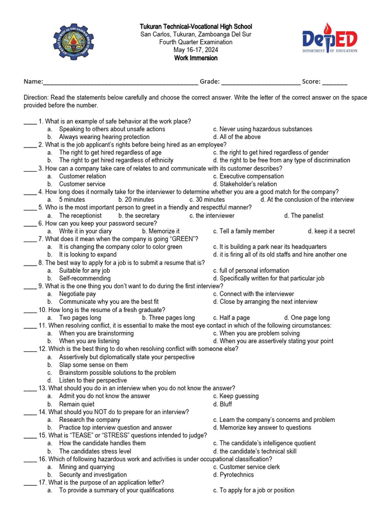 Work Imm. Final Exam 4th | PDF | Occupational Safety And Health ...