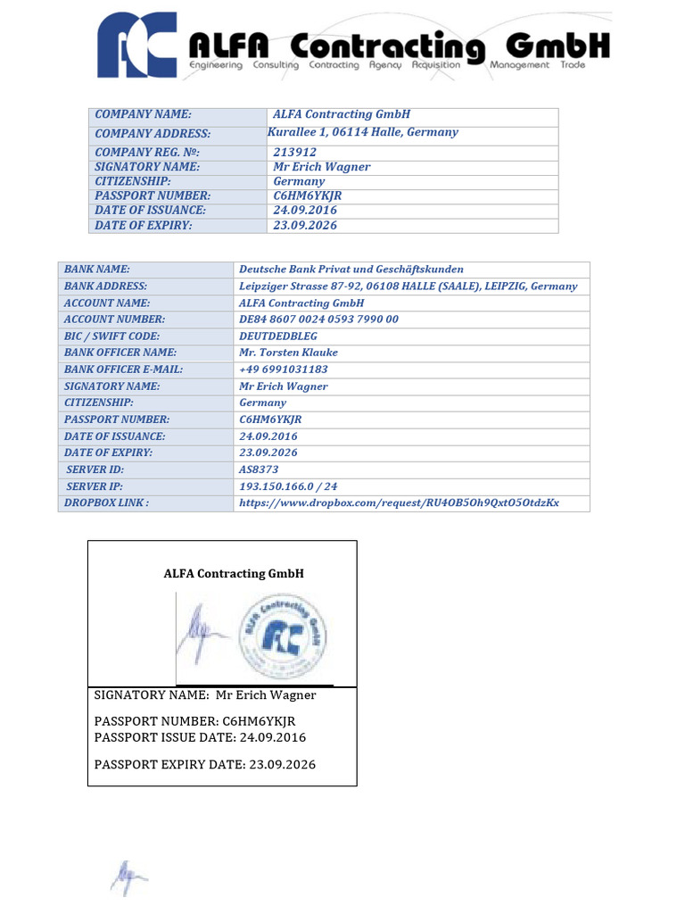 ALFA Contracting GmbH Details | PDF | Business | Finance & Money Management