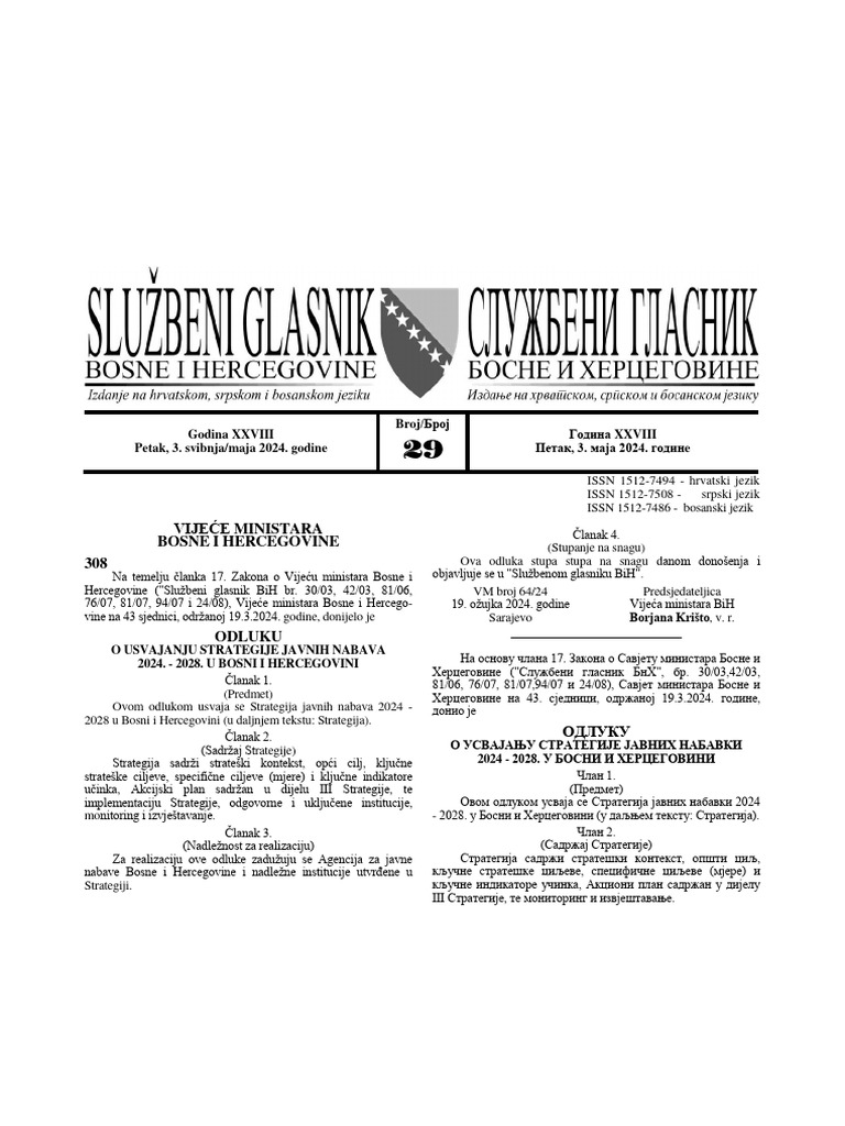 Službeni Glasnik BiH (Godina 28, Broj 29 3.5.2024) | PDF