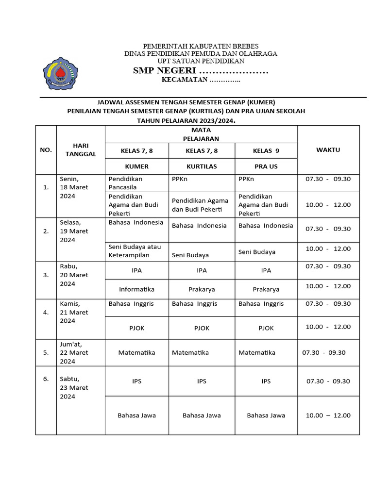 Jadwal PTS Genap Tahun 2023 - 2024 | PDF