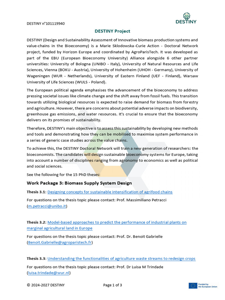 DESTINY Project: Sustainable Bioeconomy Research | PDF | Sustainability ...