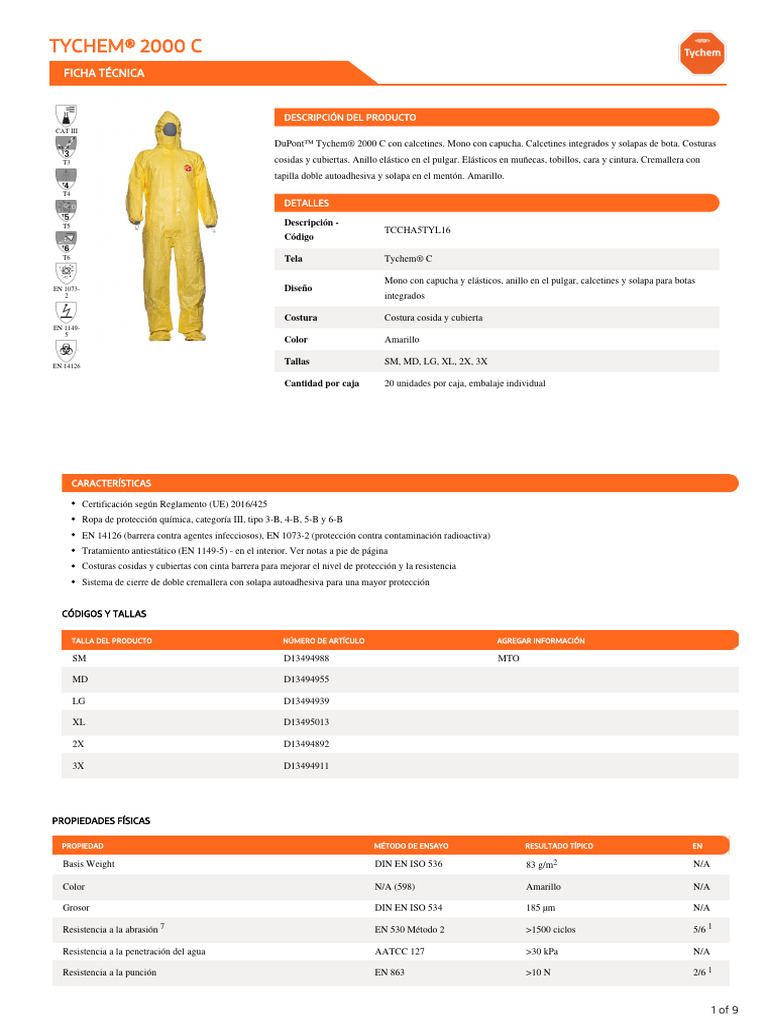 Tychem 2000 C Tccha5tyl16 - ES | PDF | Sustancias químicas | Compuestos químicos