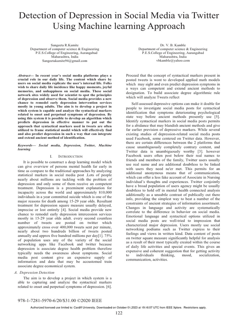 Detection of Depression in Social Media Via Twitter Using Machine Learning Approach | PDF ...
