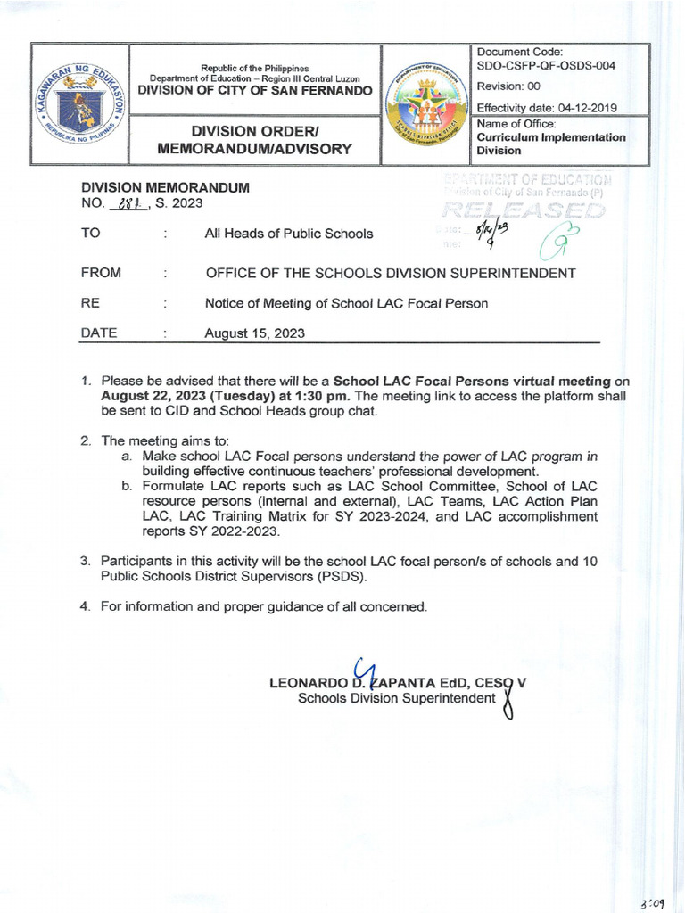 Division Memorandum No. 381 S. 2023 Notice of Meeting of School LAC ...
