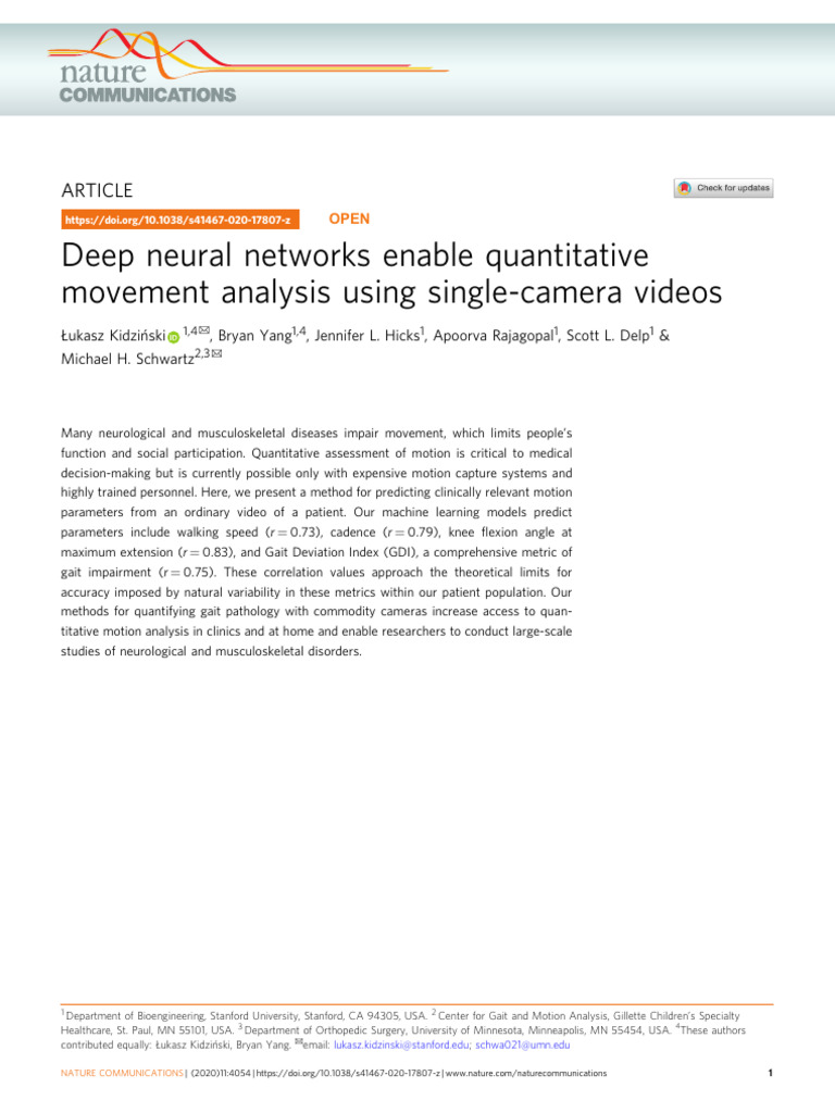 Deep Neural Networks Enable Quantitative Movement Analysis Using Single-Camera Videos | PDF ...