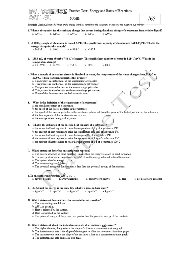 Energy Rates Practice Test | PDF | Reaction Rate | Unit Processes
