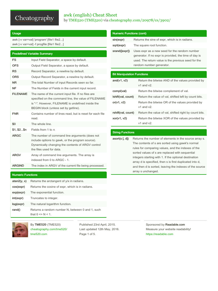 Awk (English) Cheat Sheet | PDF | Computer Engineering | Computer Science Awk (English) Cheat Sheet | PDF | Computer Engineering | Computer Science