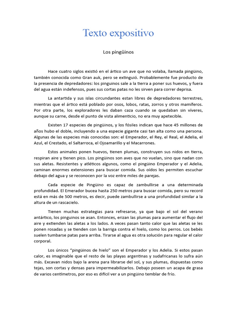 Texto Expositivo - Los Pinguinos | PDF | Pingüino | Aves