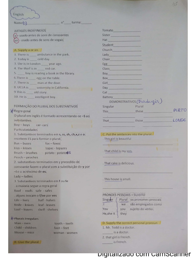 TD de INGLES - Gramatica Basica | PDF