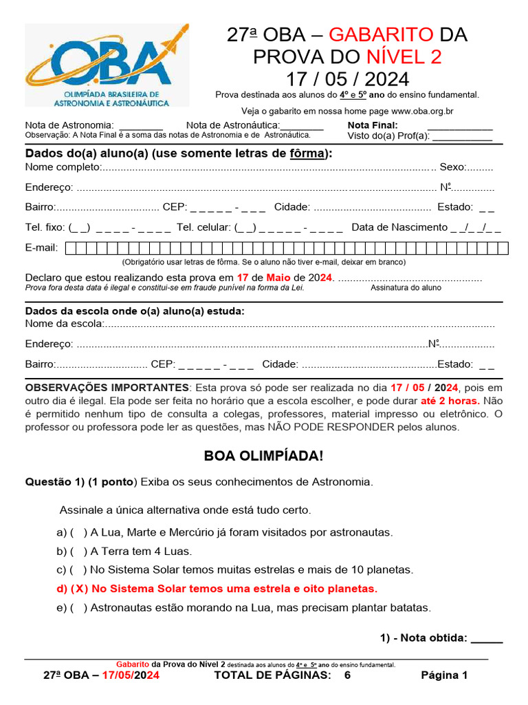 Prova Nivel 2 Da 27 OBA DE 2024 - GABARITO-compactado | PDF | Planetas ...