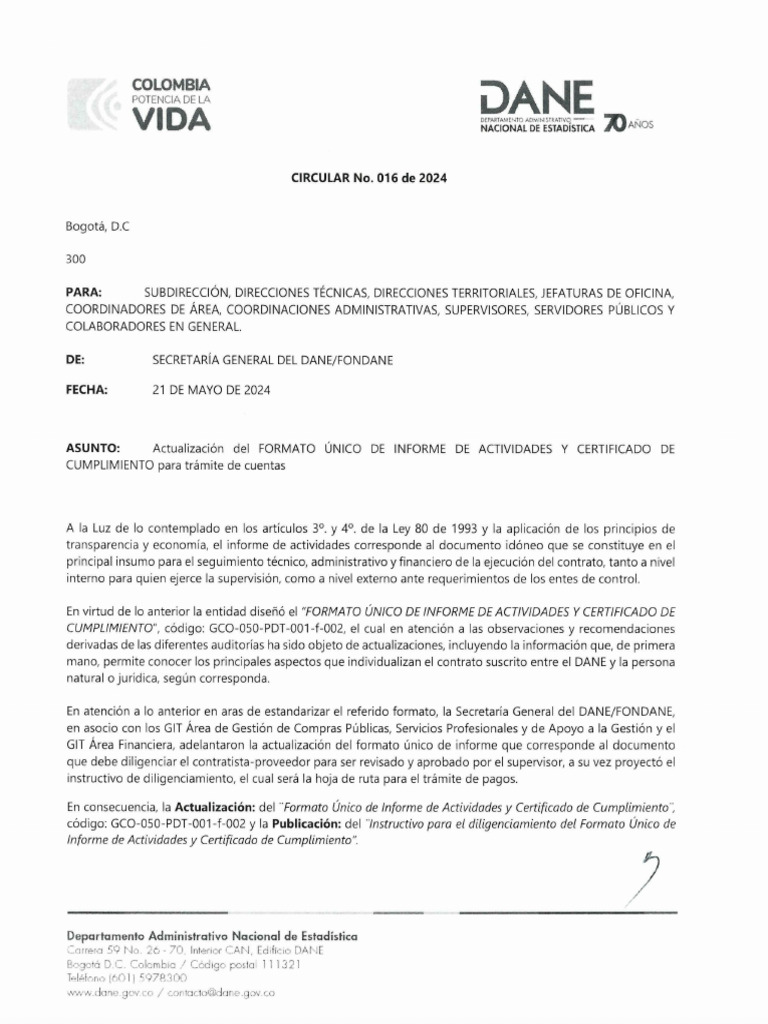 Circular 016 de 2024 Actualizacion de Formato Unico de Informe de Actividades y Certificado de ...