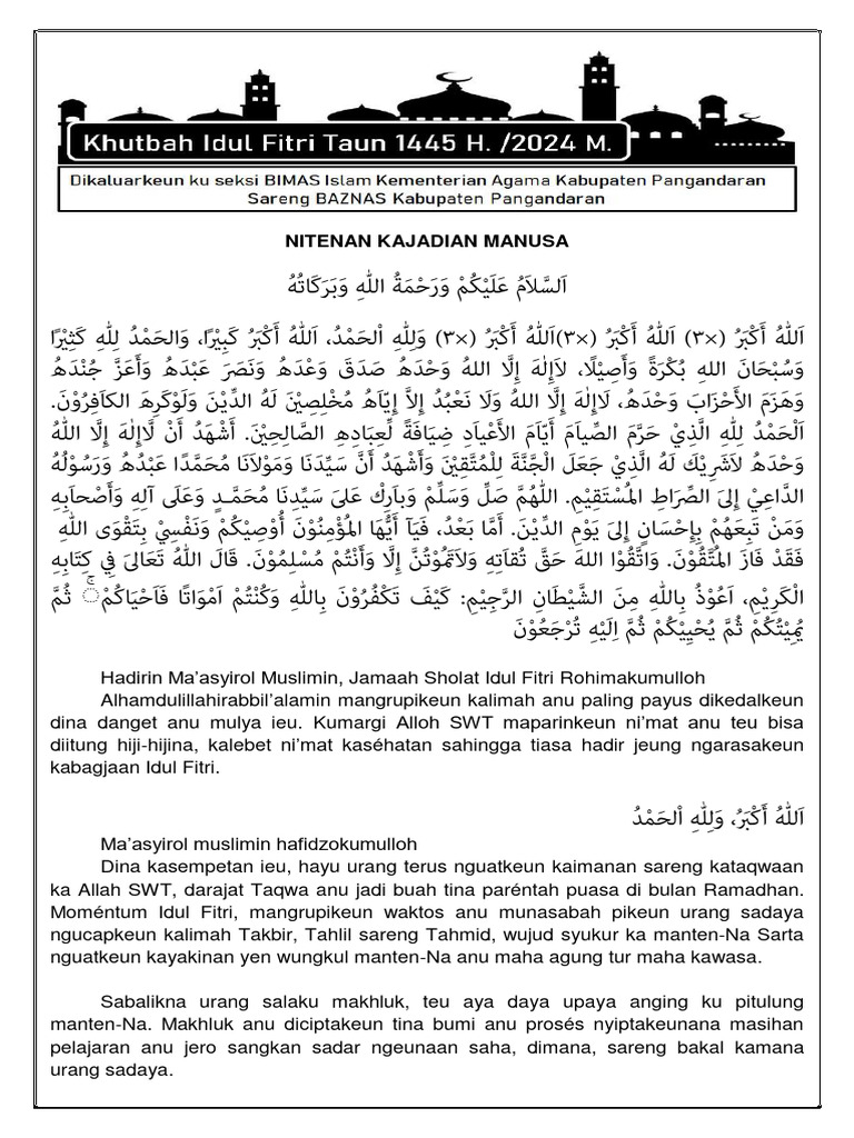 Khutbah Idul Fitri 1445 H-2024 M. Nitenan Kajadian Manusa | PDF