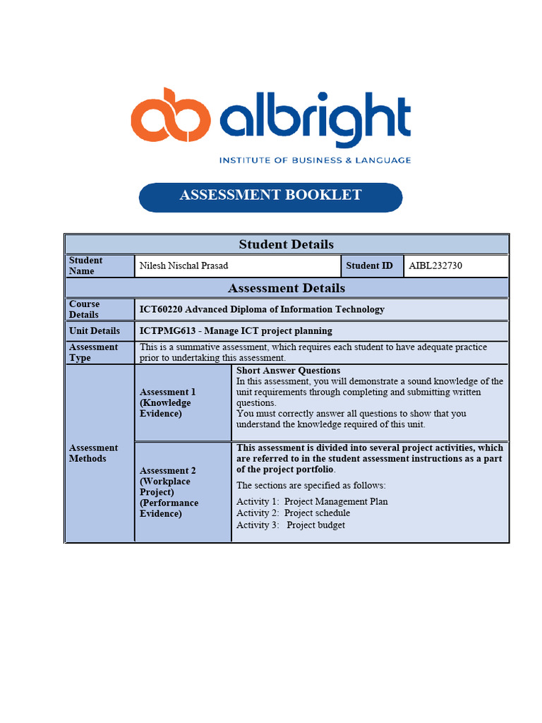 ICTPMG613 Student Assessment (Word Version) TRG-DOC-09 Student ...