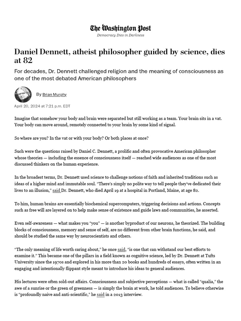 Daniel Dennett, Philosopher Who Explored Science of The Mind, Dies at ...