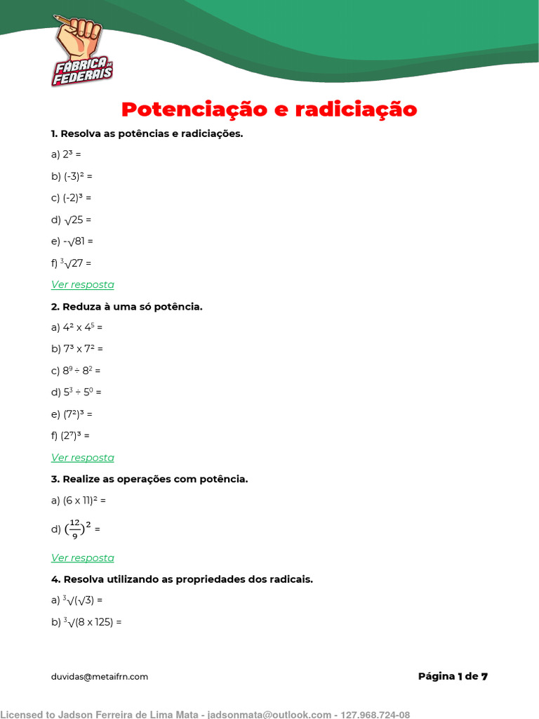 Potências e Radicais: Exercícios e Respostas | PDF | Números | Aritmética
