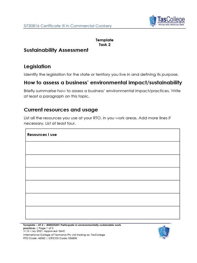 BSBSUS201_V1.0_Template_Sustainability Assessment Form.v1.0 | PDF ...
