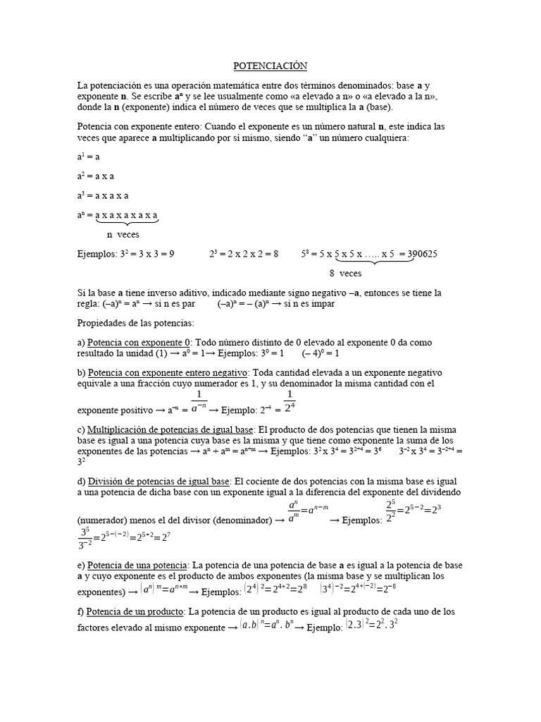 POTENCIACIÓN | PDF | Exponenciación | Multiplicación