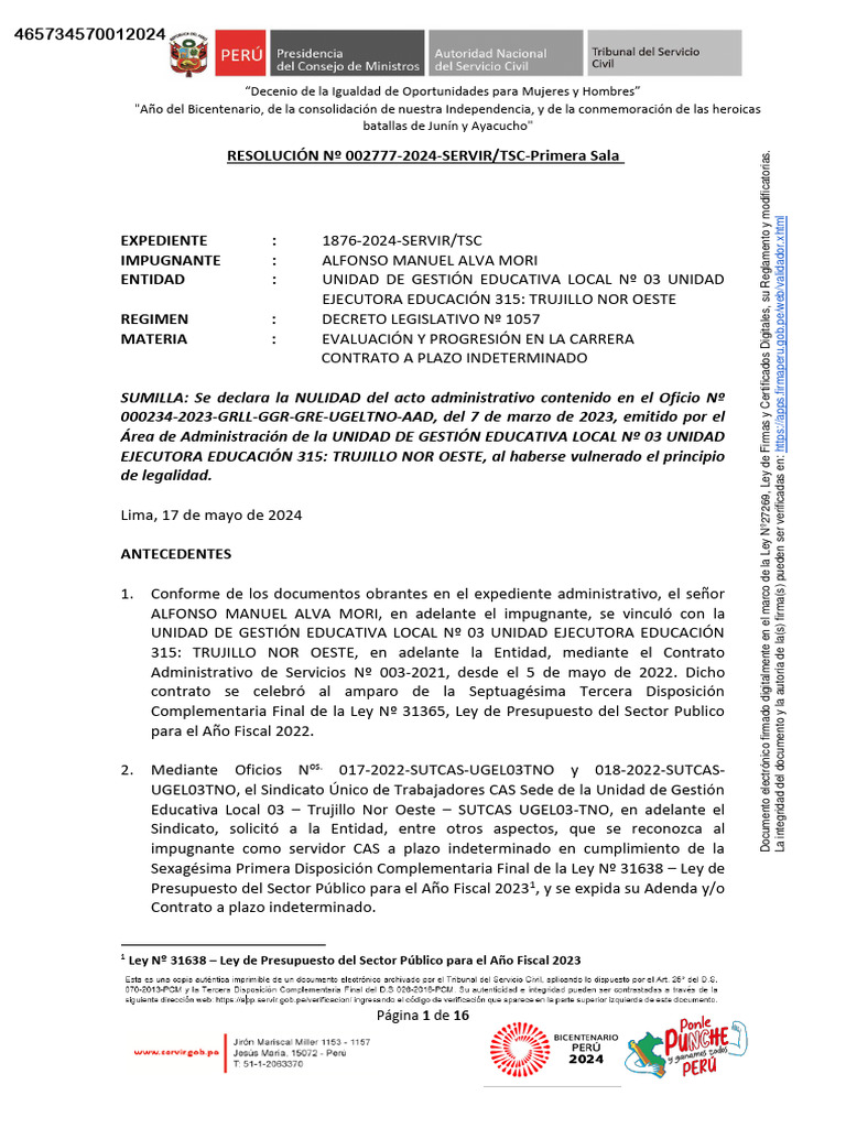 Resolución #02777-2024-Servir - Manuel Alva Mori | PDF | Apelación ...