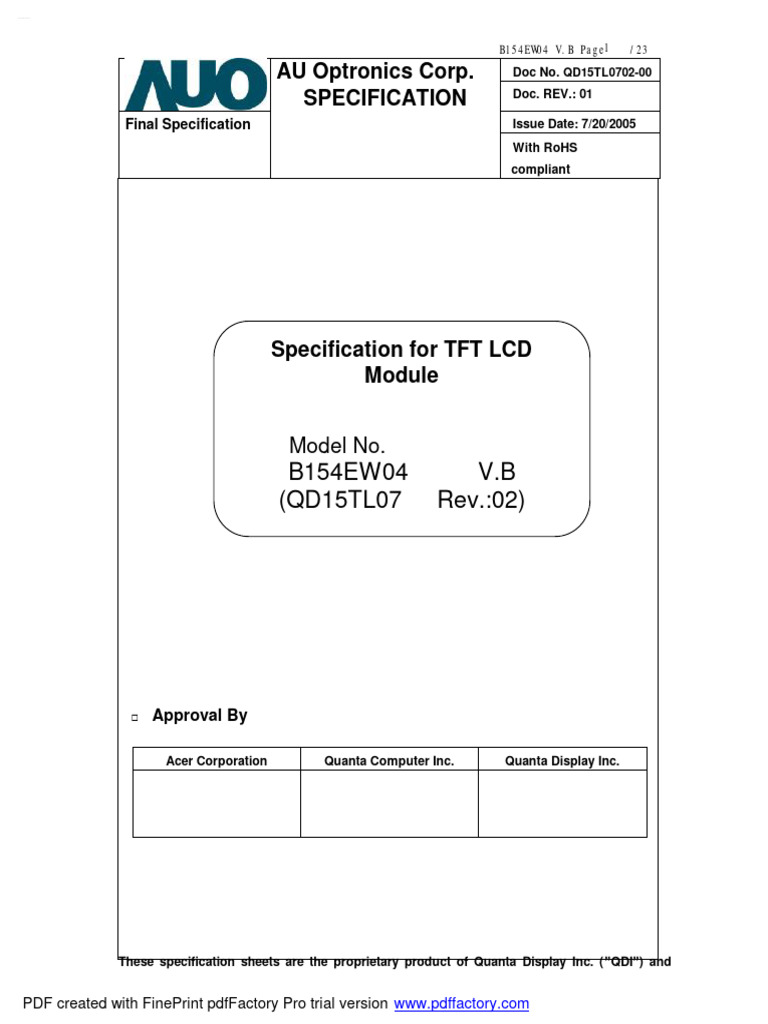 B154ew04 VB Auo | PDF | Electricity | Display Technology