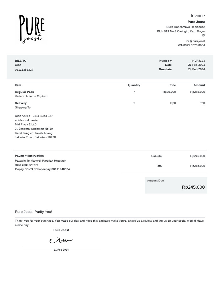 Invoice for Diah's Pure Joost Order | PDF