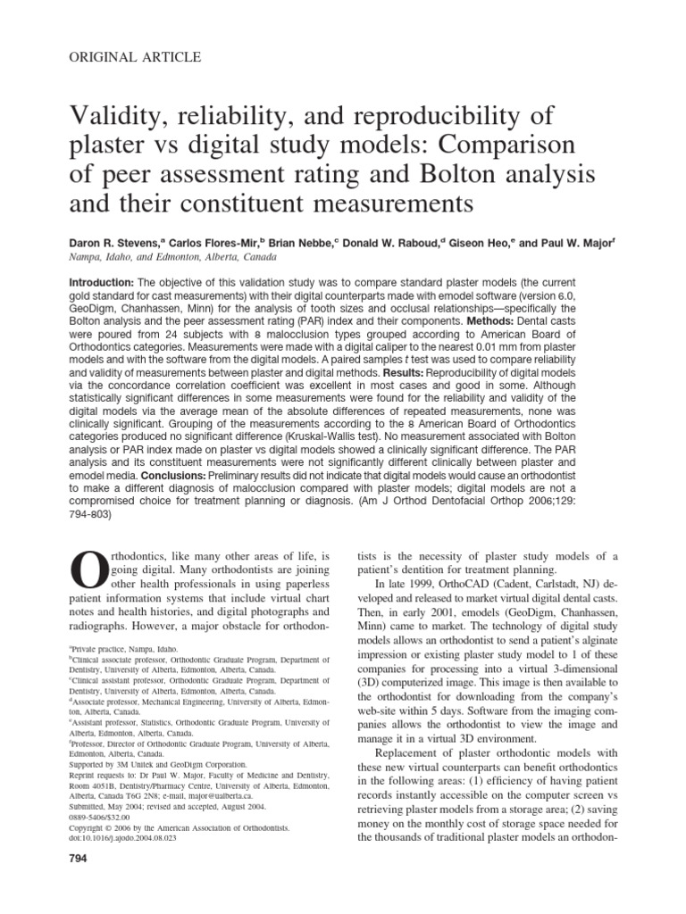 Validity, Reliability, and Reproducibility of Plaster Vs Digital Study Models | PDF ...