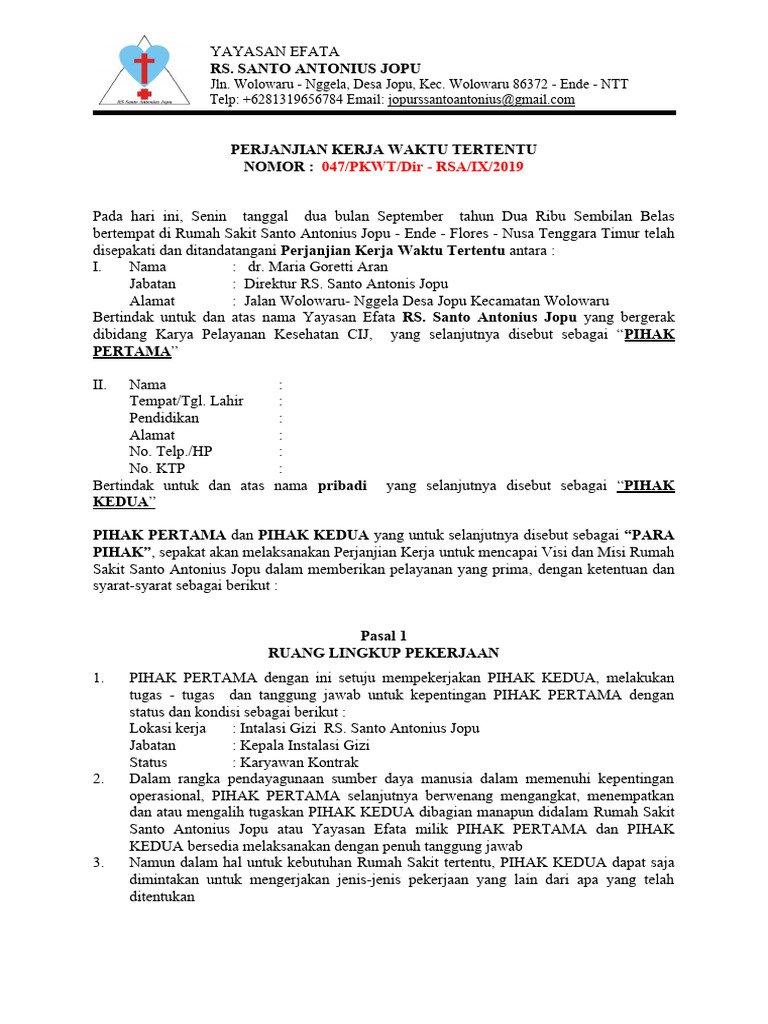 Perjanjian Kerja RS Santo Antonius Jopu | PDF